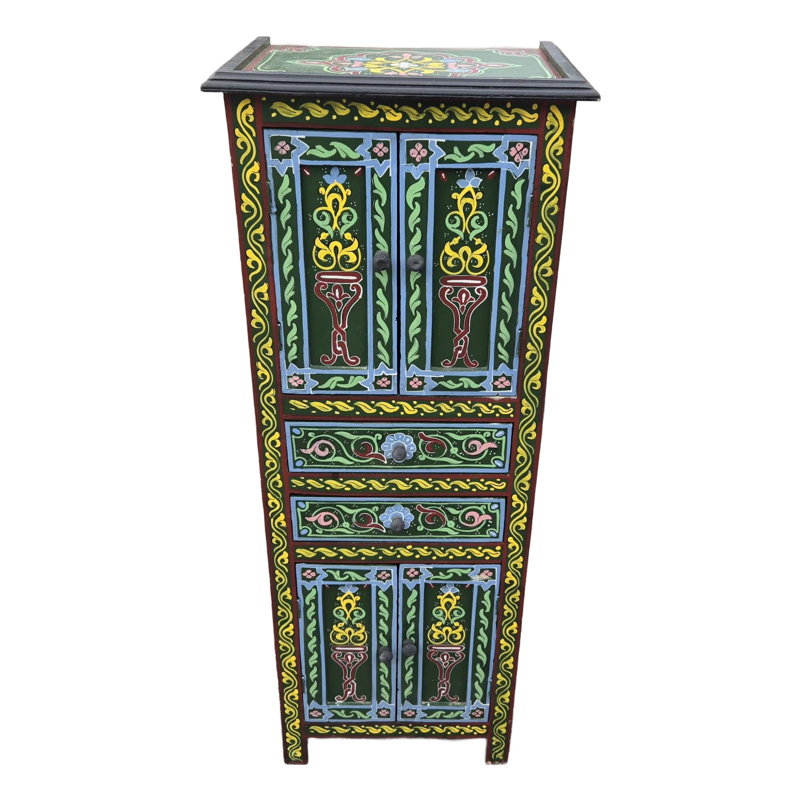 Moroccan Hand Painted Storage Cabinet - Solid Wood / Green Zouak | Chairish