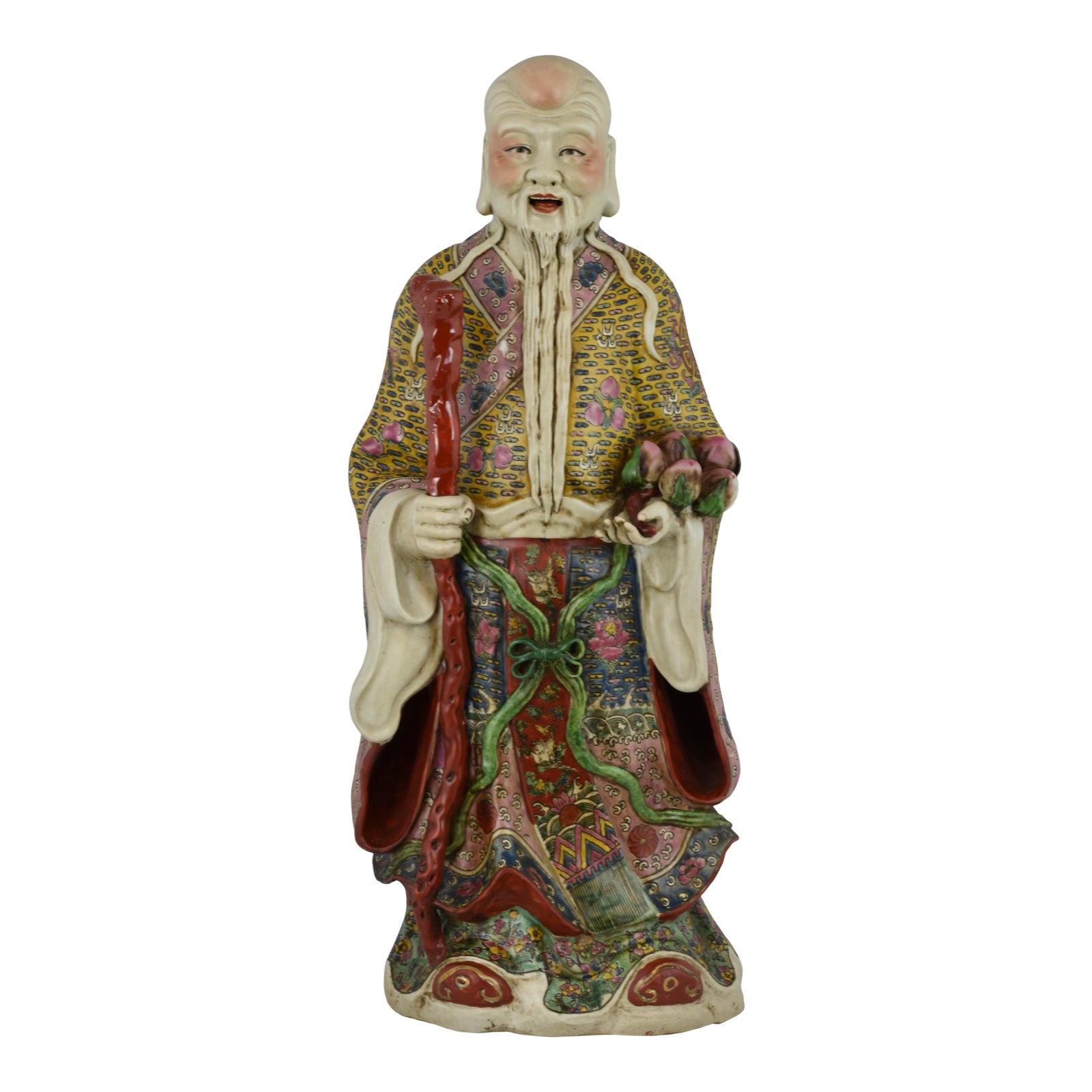 Vintage Chinese Qing Style Porcelain Statue of Wise Man Holding Staff ...
