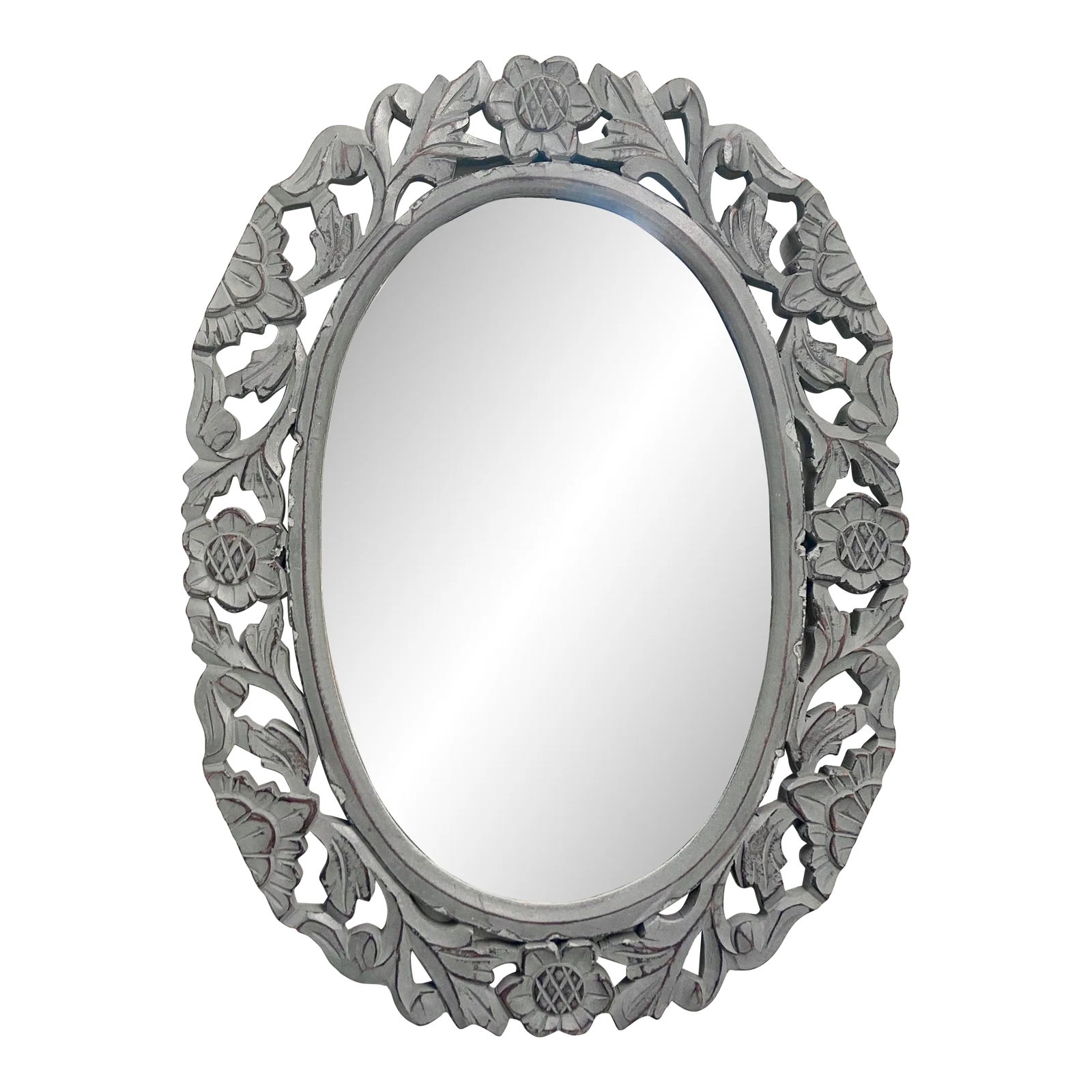 Hand-Carved Indonesian Style Oval Mirror in Grey | Chairish