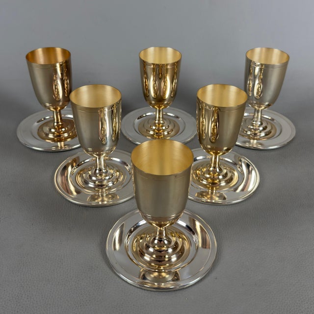 Hand-Worked Silver-Plated Brass Glasses and Coasters with Gilt Interior ...