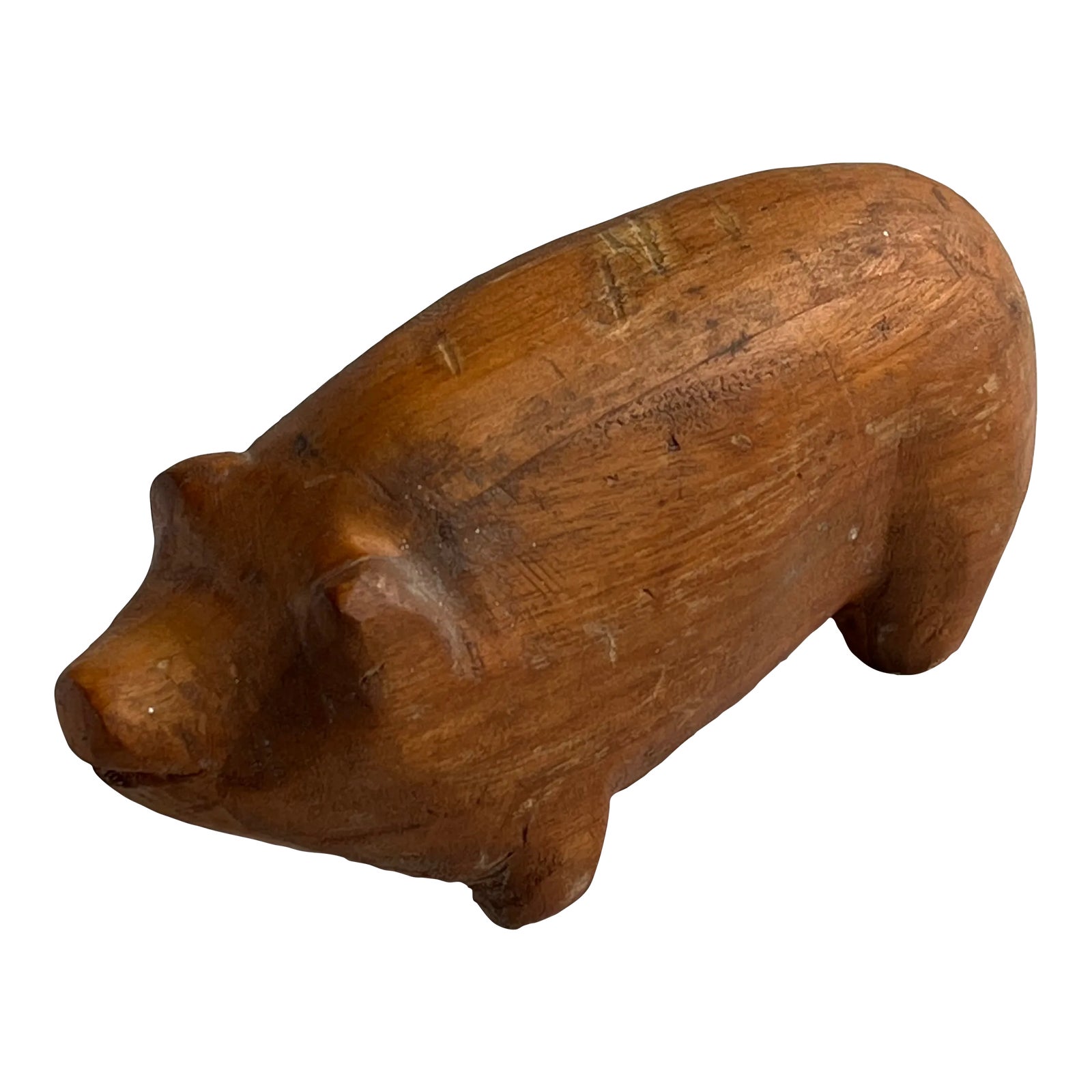 Hand Carved Wood Folk Art Pig Figurine | Chairish