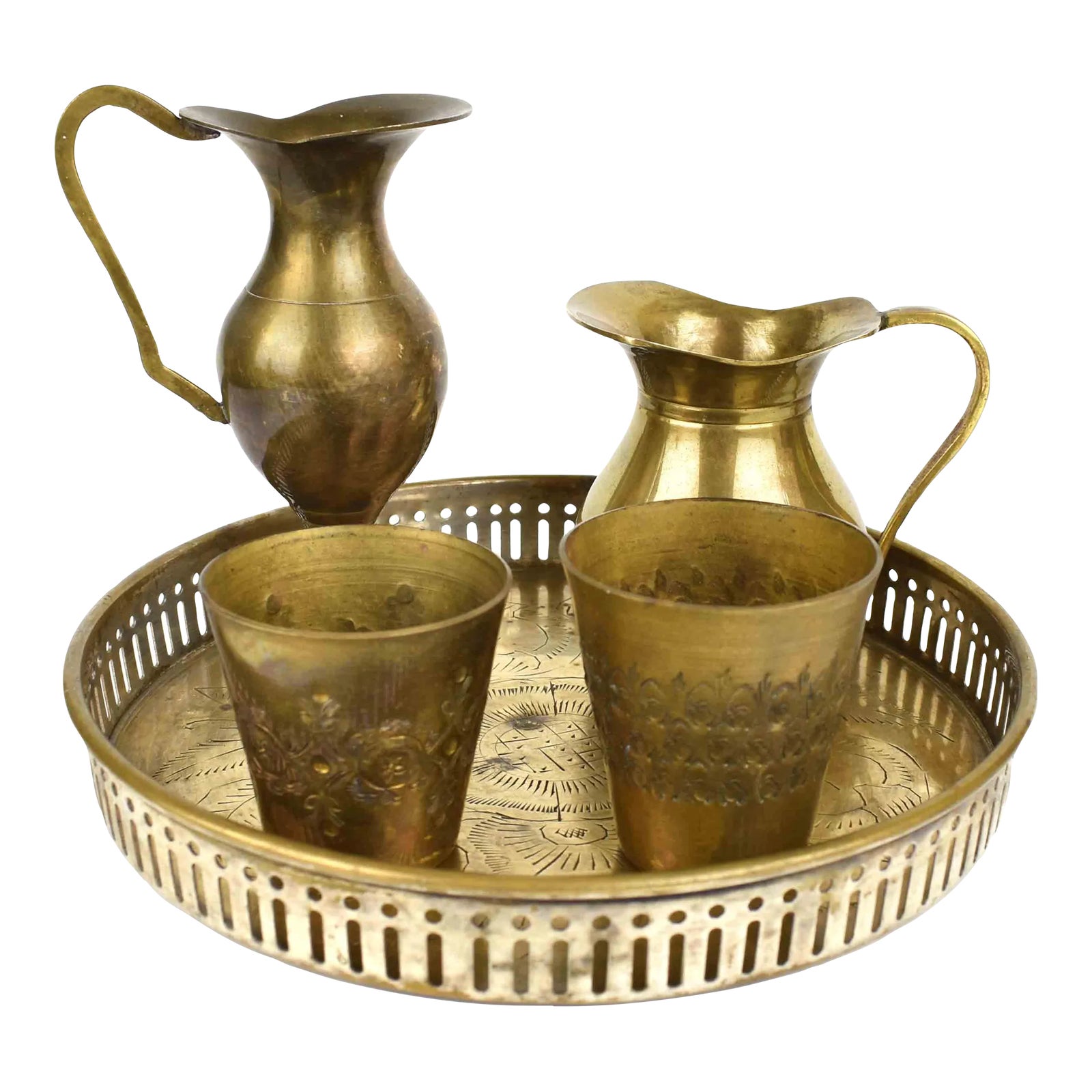 Mid 20th Century Small Brass Decorative Pitchers Cups and Tray Set - 5 ...