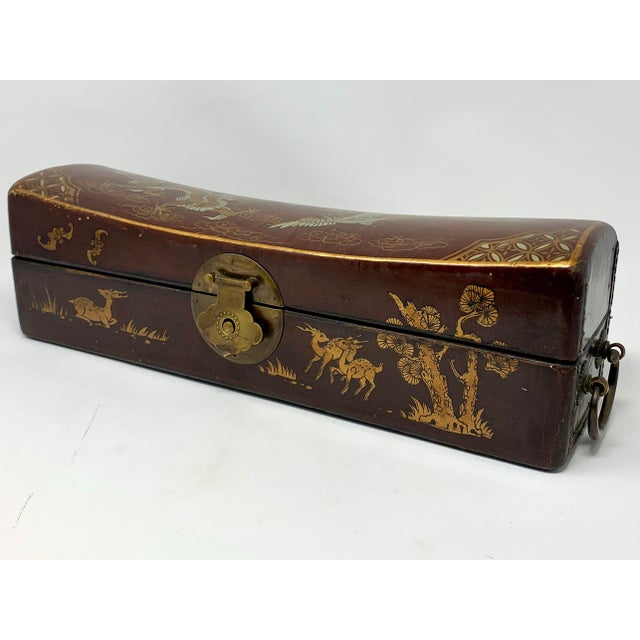 Antique Chinese Hand-Painted Leather Covered Pillow Box | Chairish