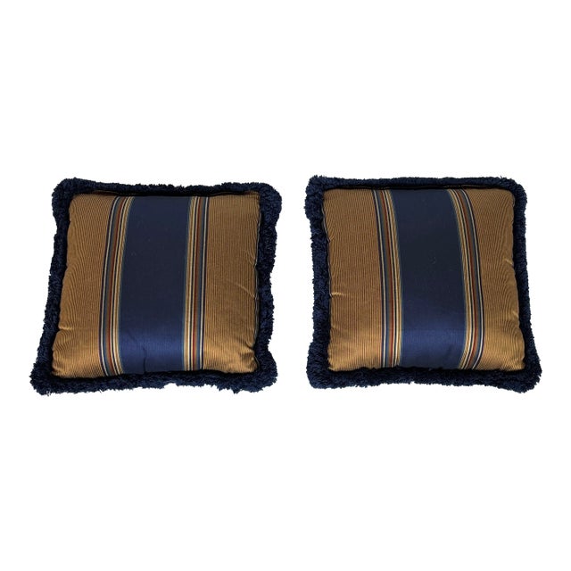 Pair of 1980s Blue and Gold Striped Silk Pillows With Blue Fringe ...