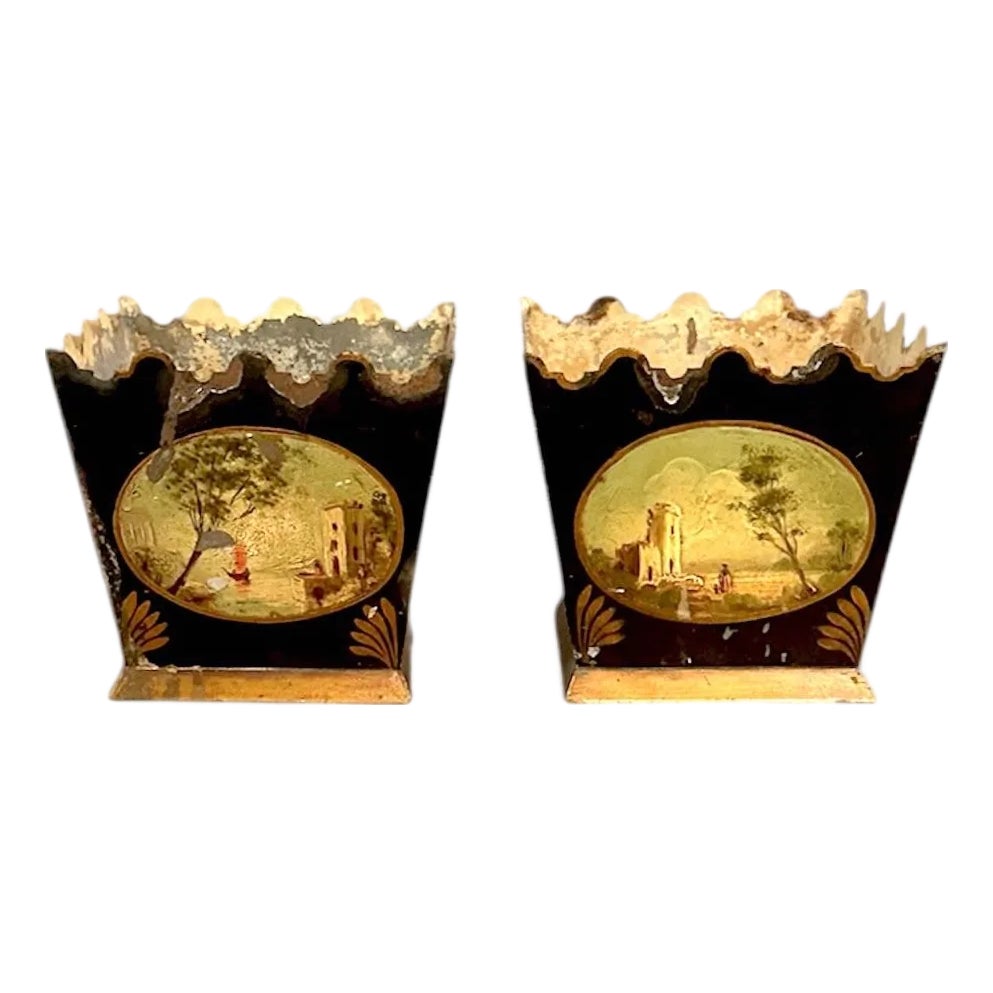 Vintage French Peinte Tole Hand Painted Landscape Scene Black & Gilt ...