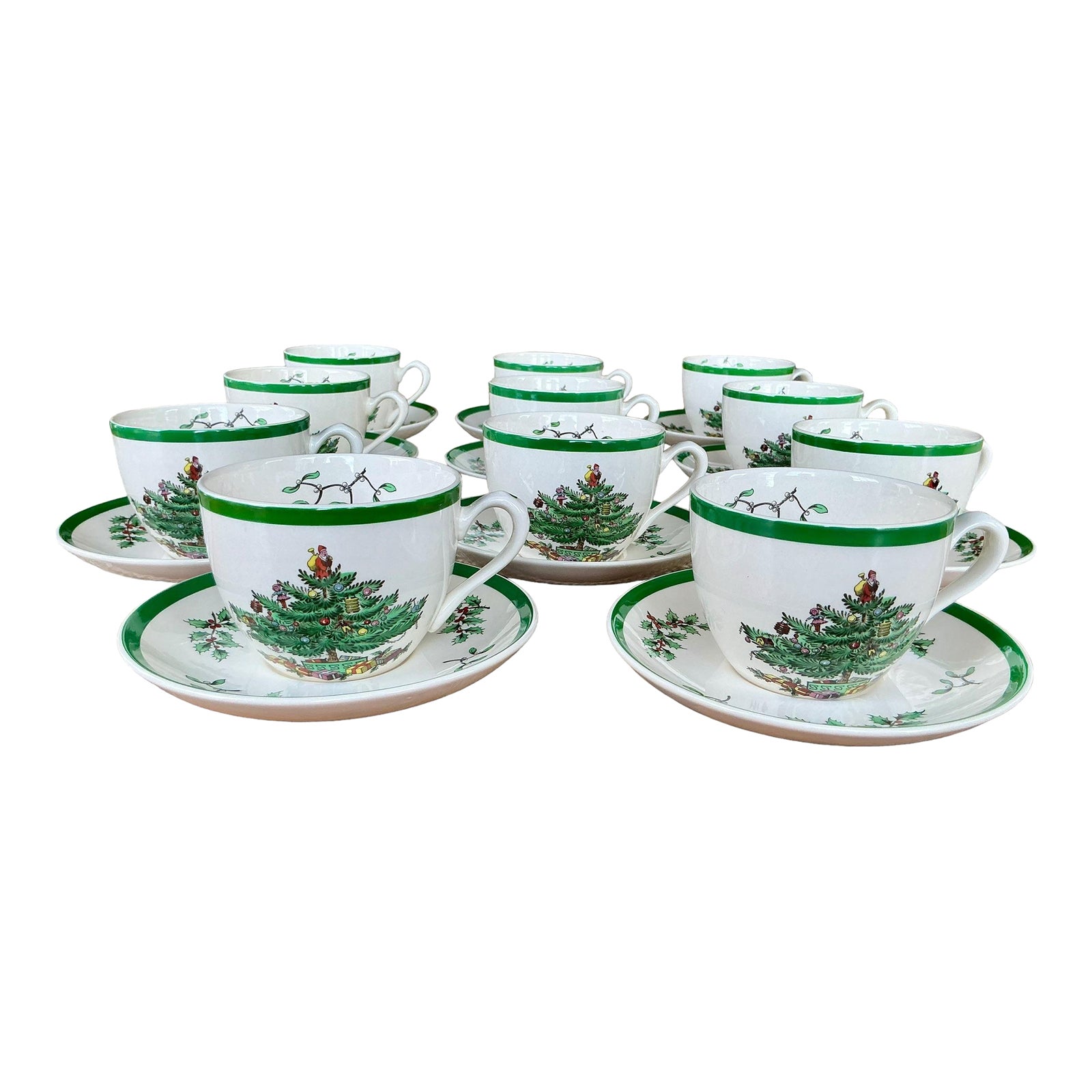 Spode “Christmas Tree” Tea Cup & Saucer Set, Made in England- 22 Pieces ...