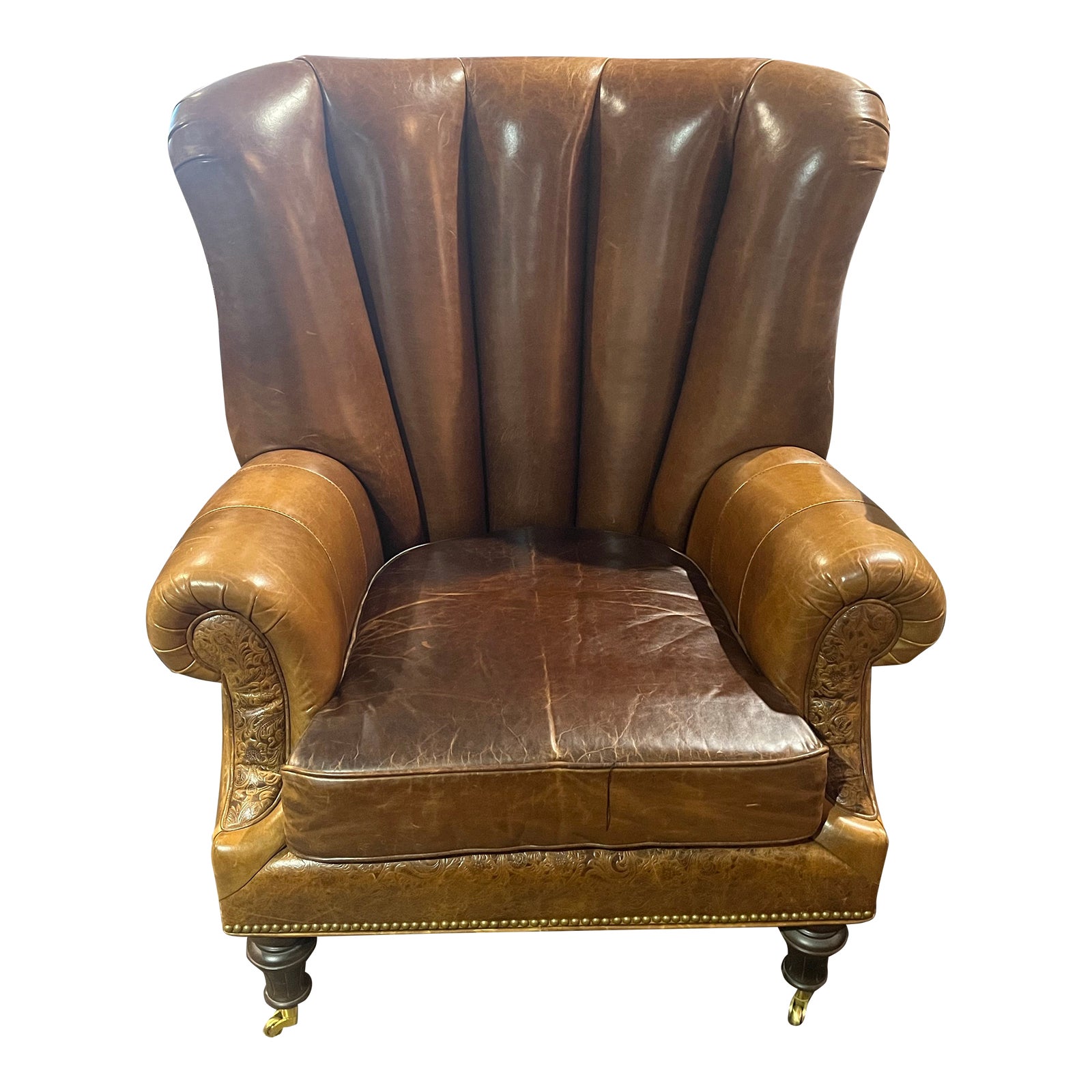 Late 20th Century Brown Channel Tufted Leather Wing Back Chair | Chairish