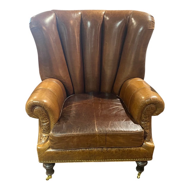 Late 20th Century Brown Channel Tufted Leather Wing Back Chair | Chairish