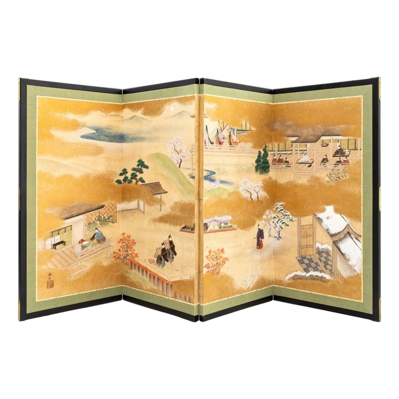 Japanese Seasons Landscape 4-Panel Byobu Screen | Chairish