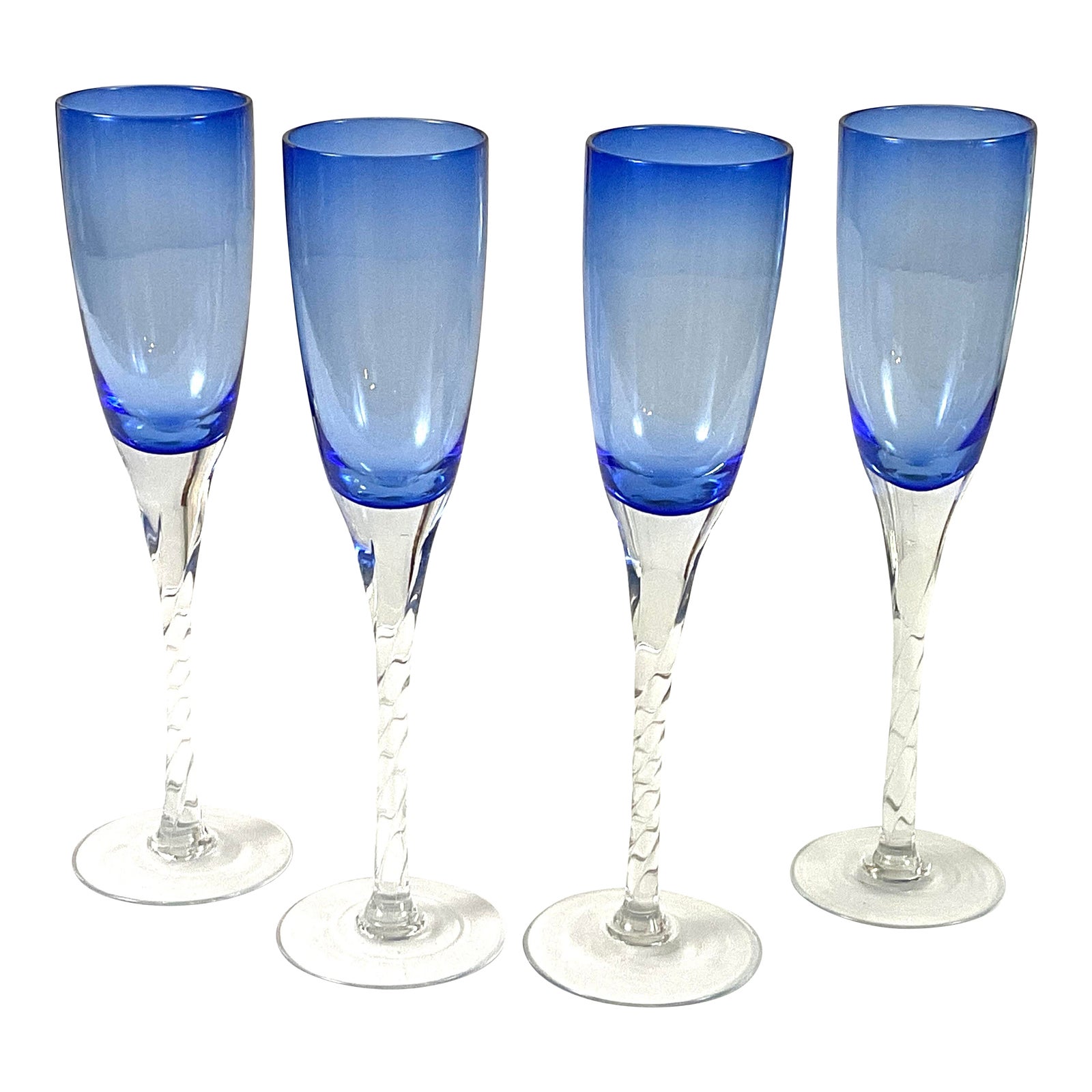 Hand Blown, Cobalt Blue, Twisted Stem, Champagne, Flutes – Set of Four ...