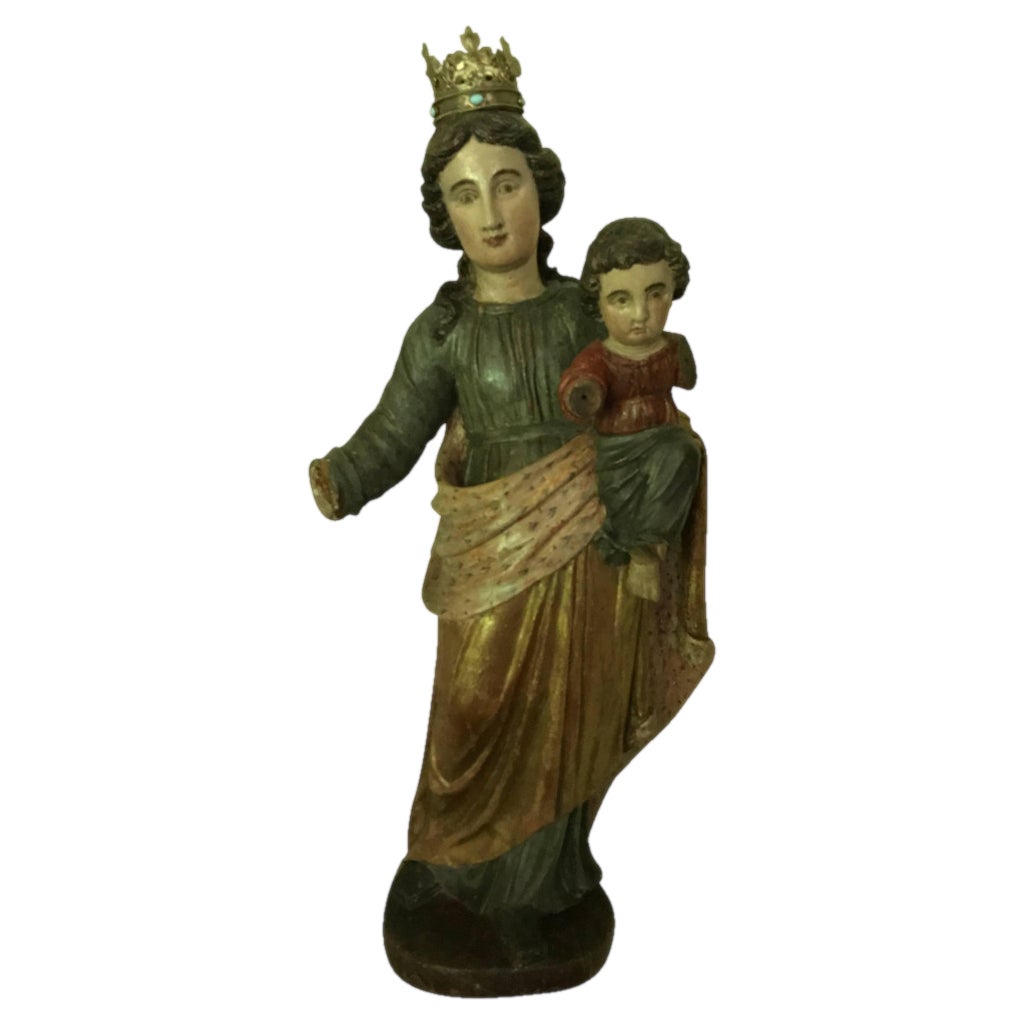 18th Century Polychrome Limewood Statue of H.Maria and Child Jezus ...