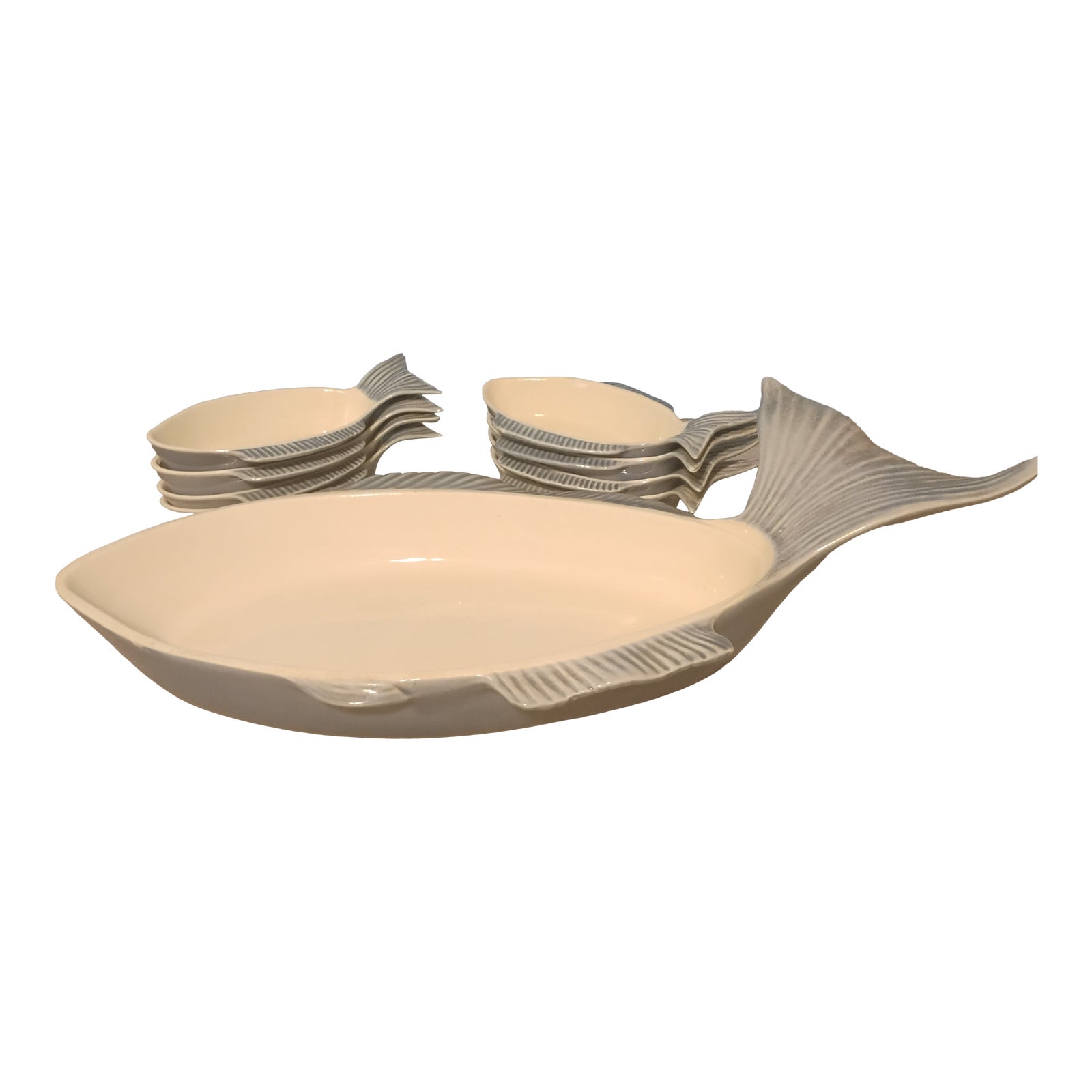 1970s Secla Pottery 9 Piece Fish Design Serving Set | Chairish
