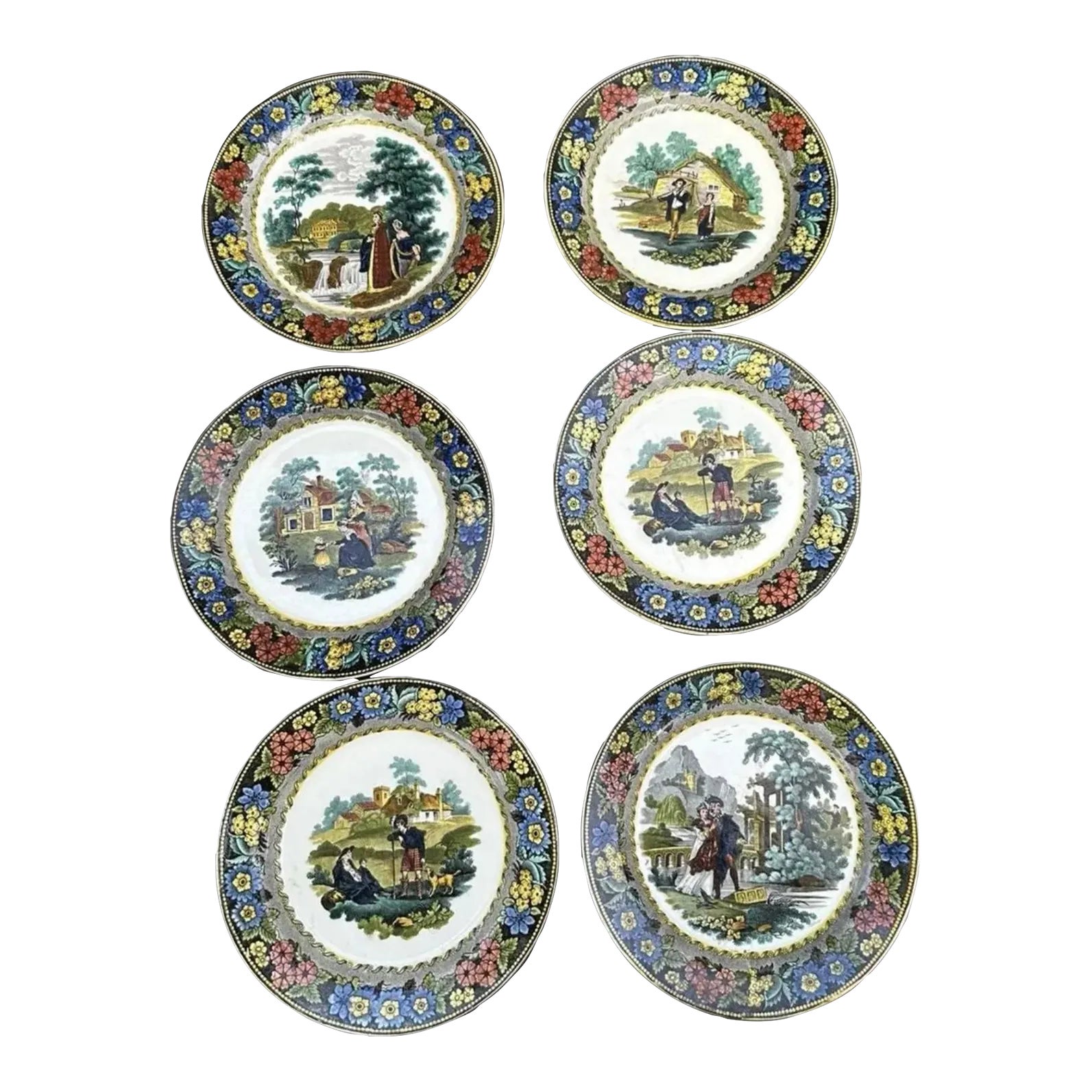 Antique Set 6 French Faience Polychrome Creile Creamware Transferware ...