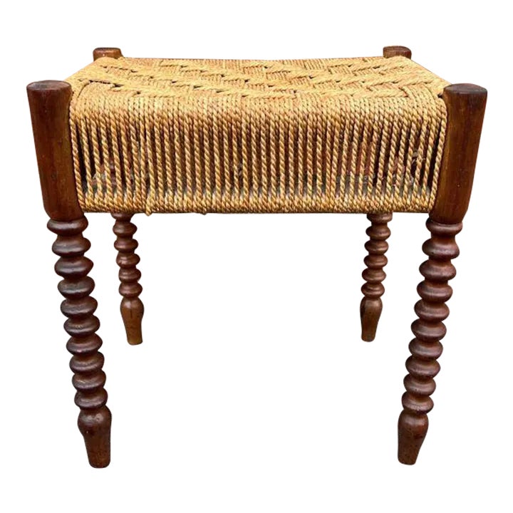 Late 20th Century Rope Seat Turned Leg Footstool or Ottoman | Chairish