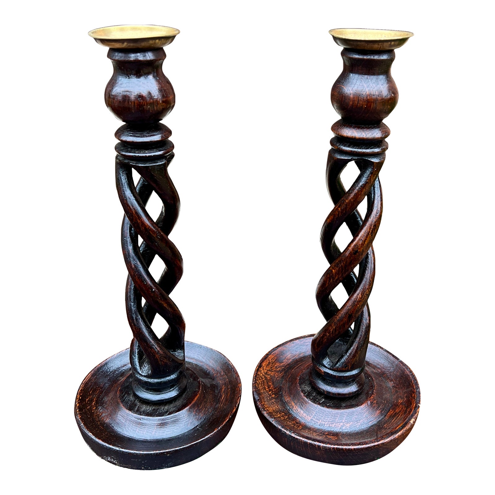 Antique English Open Barley Twist Pair Candlesticks Candle Holders Oak ...