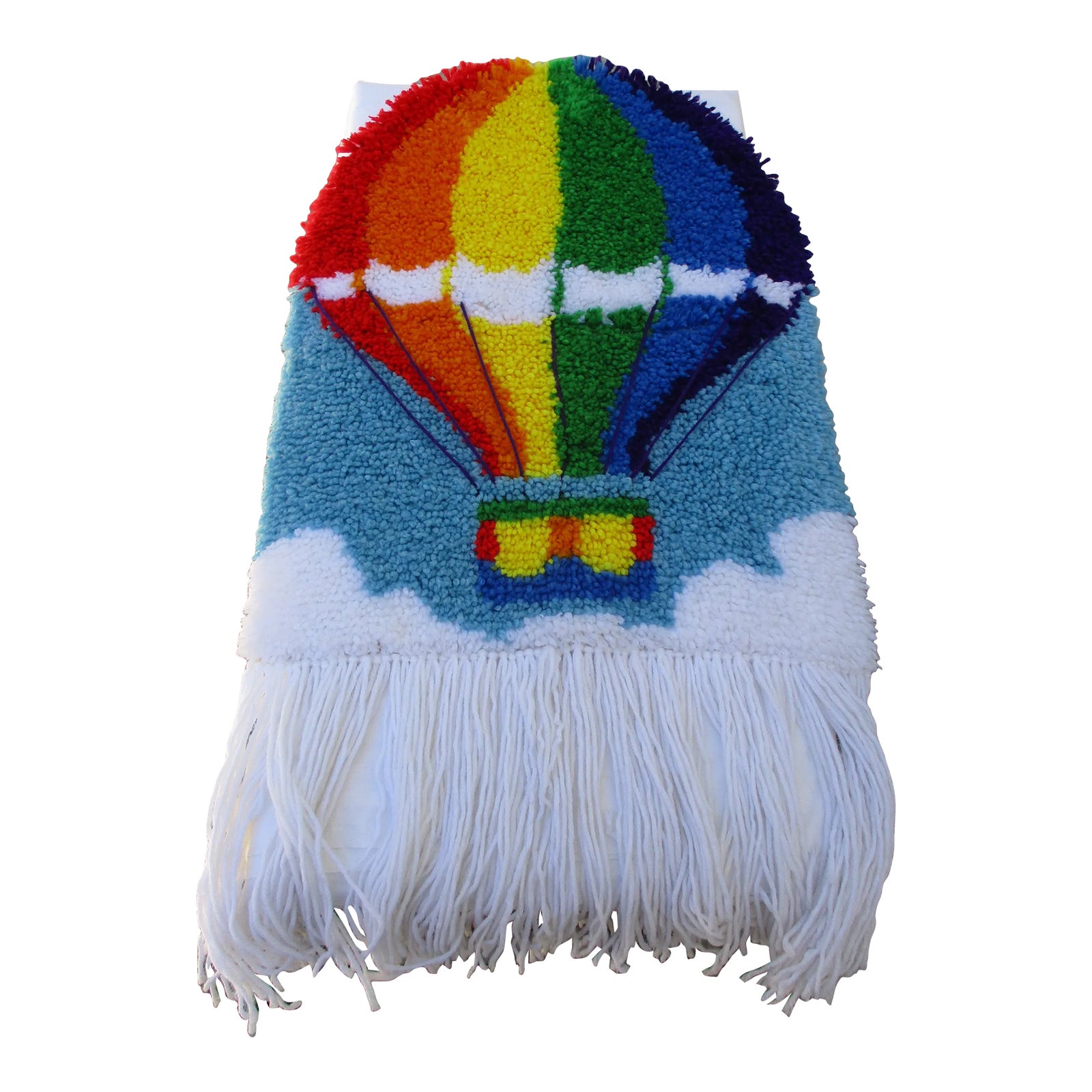 80s Rainbow Hot Air Balloon Latch Hook Textile Art | Chairish