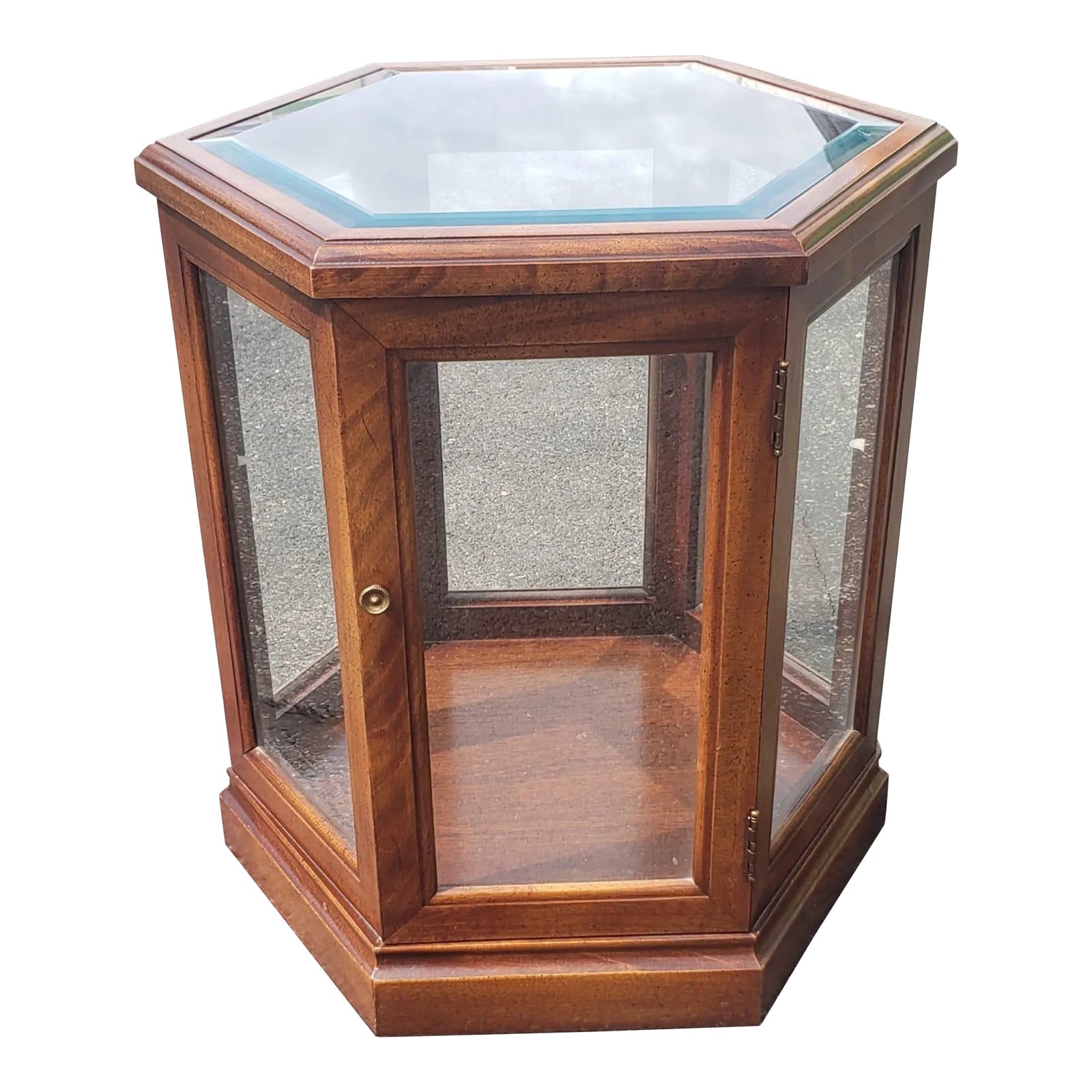 Vintage Fruitwood and Glass Paneled Hexagonal Side Table | Chairish