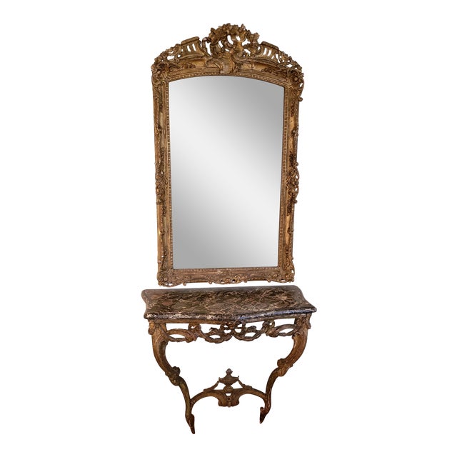 19th Century Traditional Marble Top Console With Mirror | Chairish