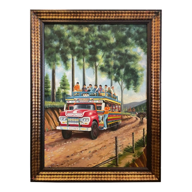 "Bus Ride" Colombian Folk Art Signed Berrio | Chairish