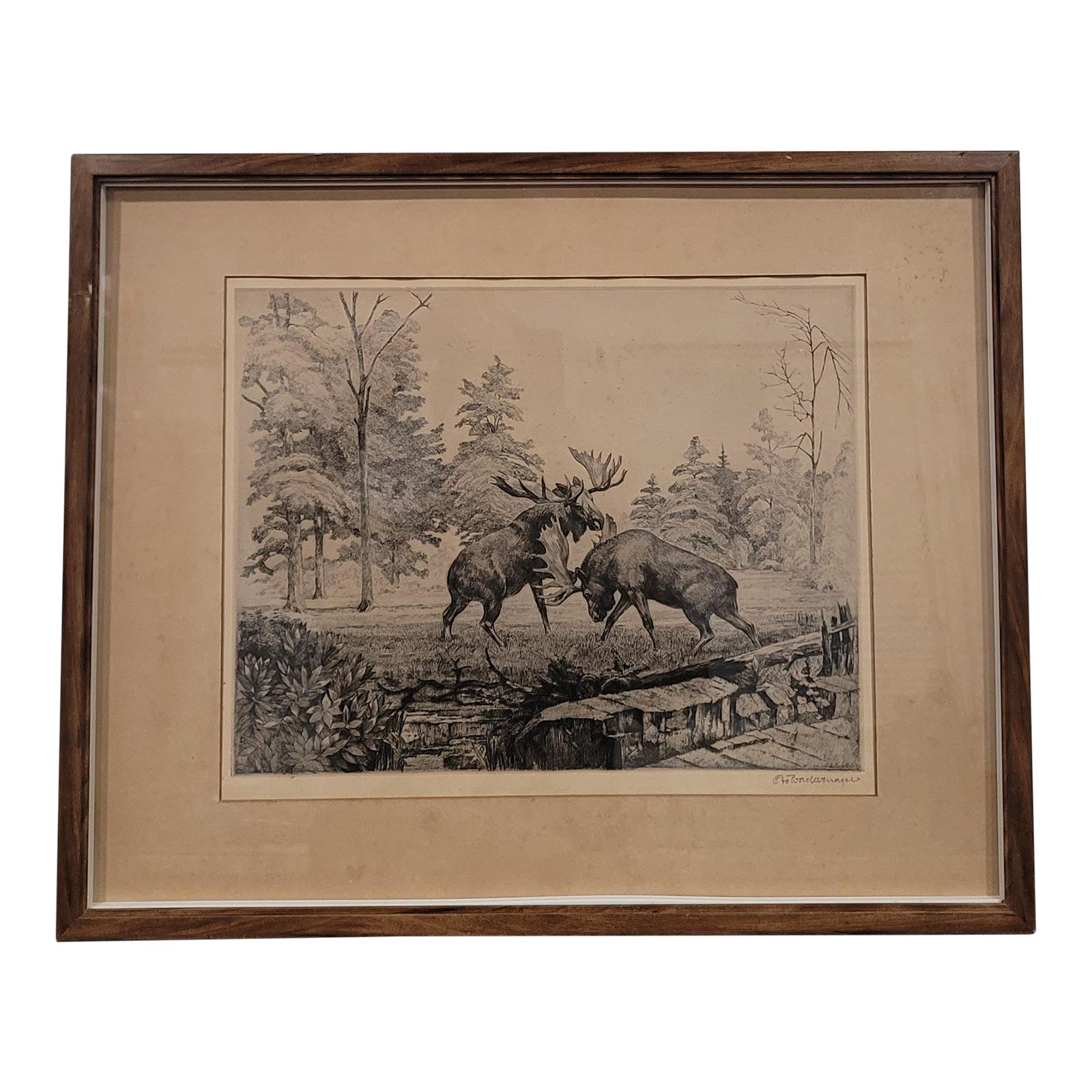 1940s Signed Otto Wackernagel "Fighting Moose" Etching/Print Art | Chairish