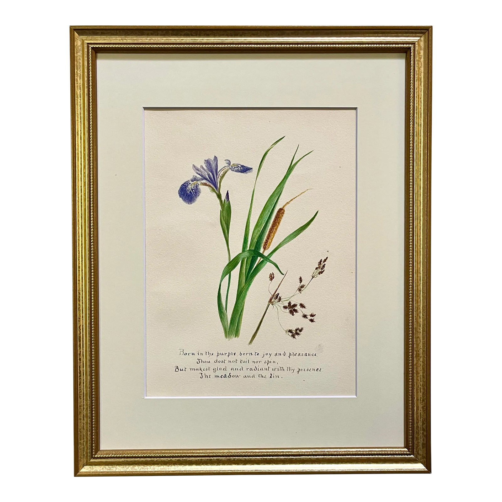 Original Antique Watercolor Painting Flowers With Calligraphic Poetry ...