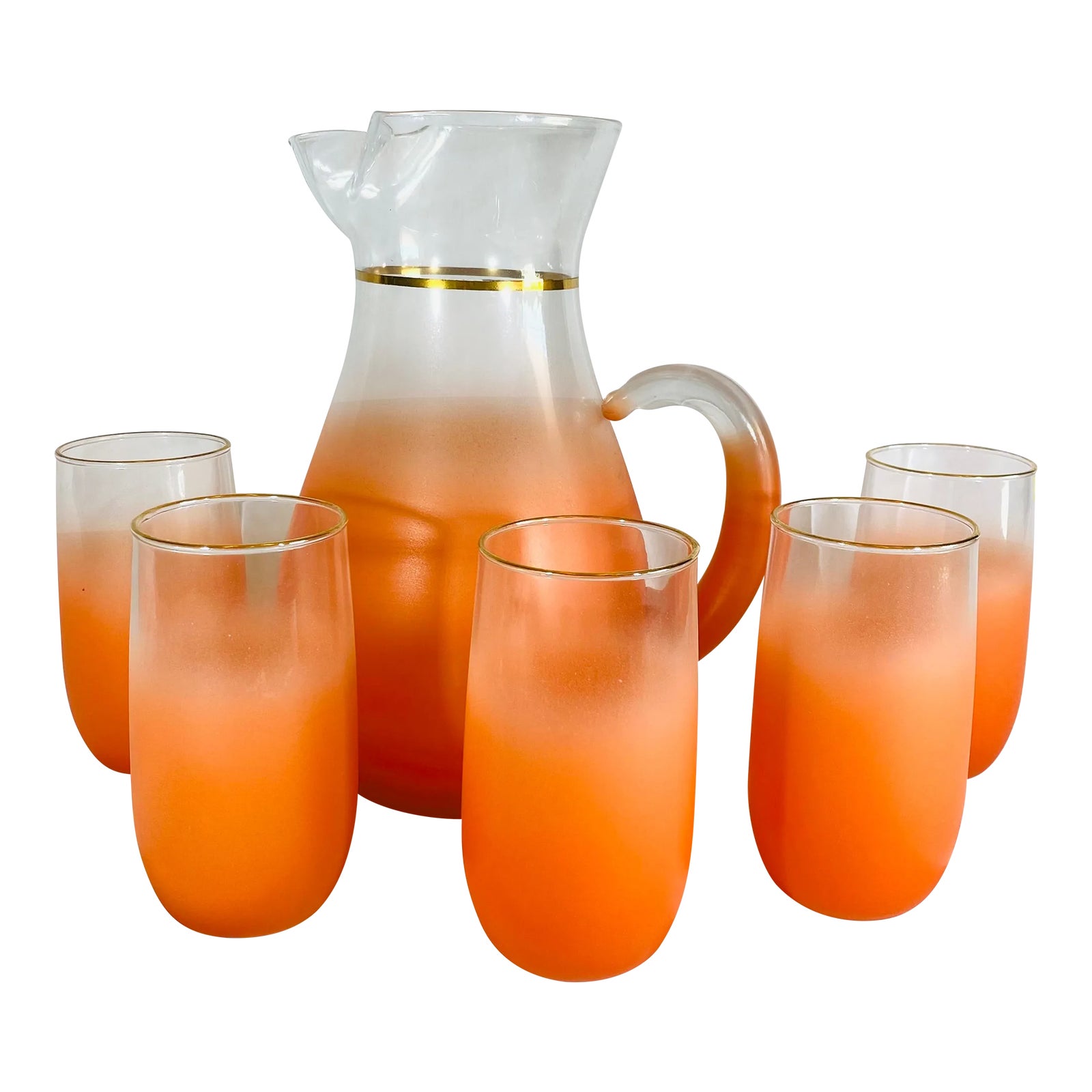 Vintage Blendo Orange Frosted Glass Pitcher and Tumblers Set- 6 Pieces ...