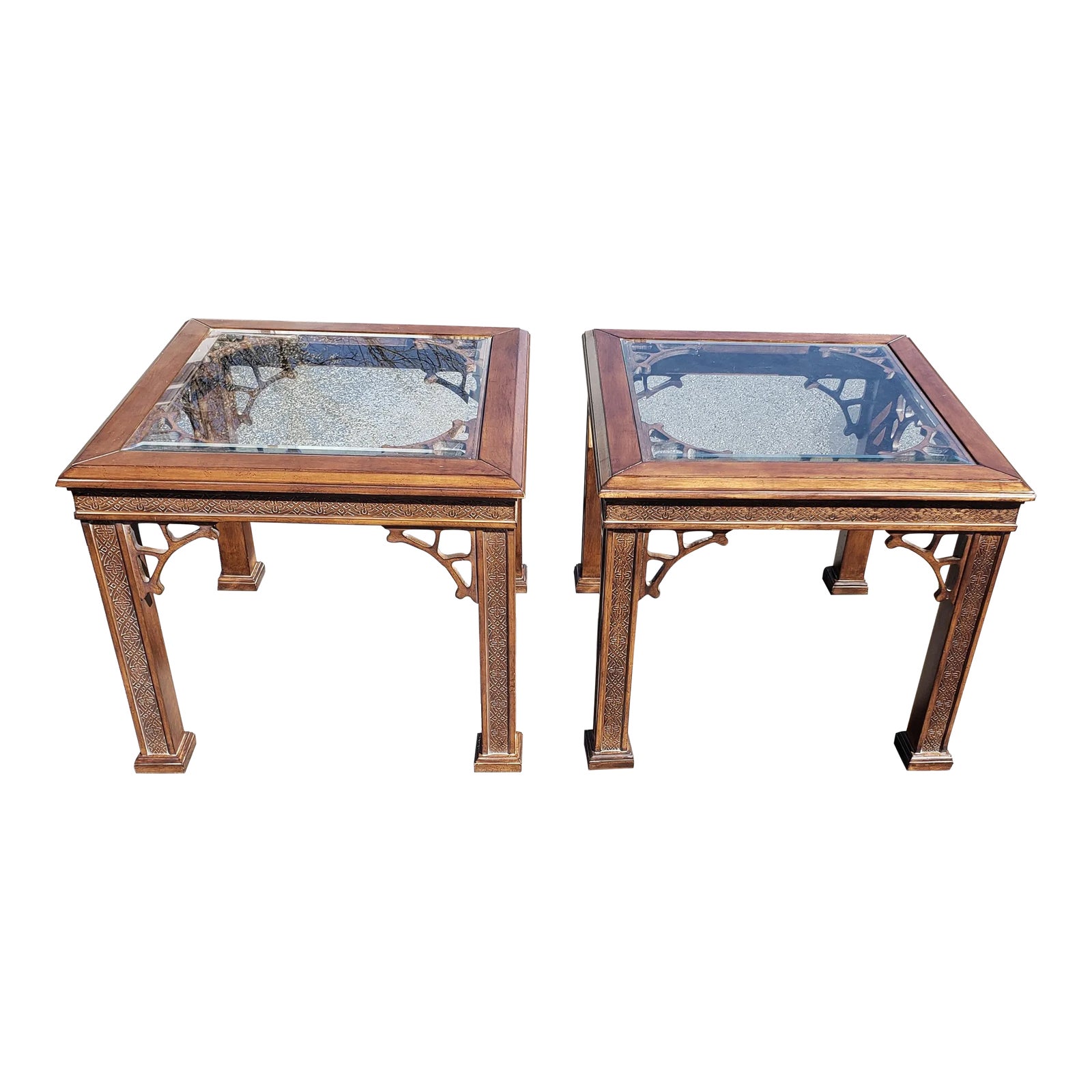 Pair Chinese Chippendale Fruitwood Glass Inset Side Tables | Chairish
