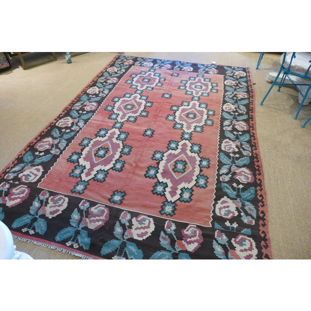 Antique Turquoise & Pink Floral Rug- 6′6″ × 9′7″ | Chairish