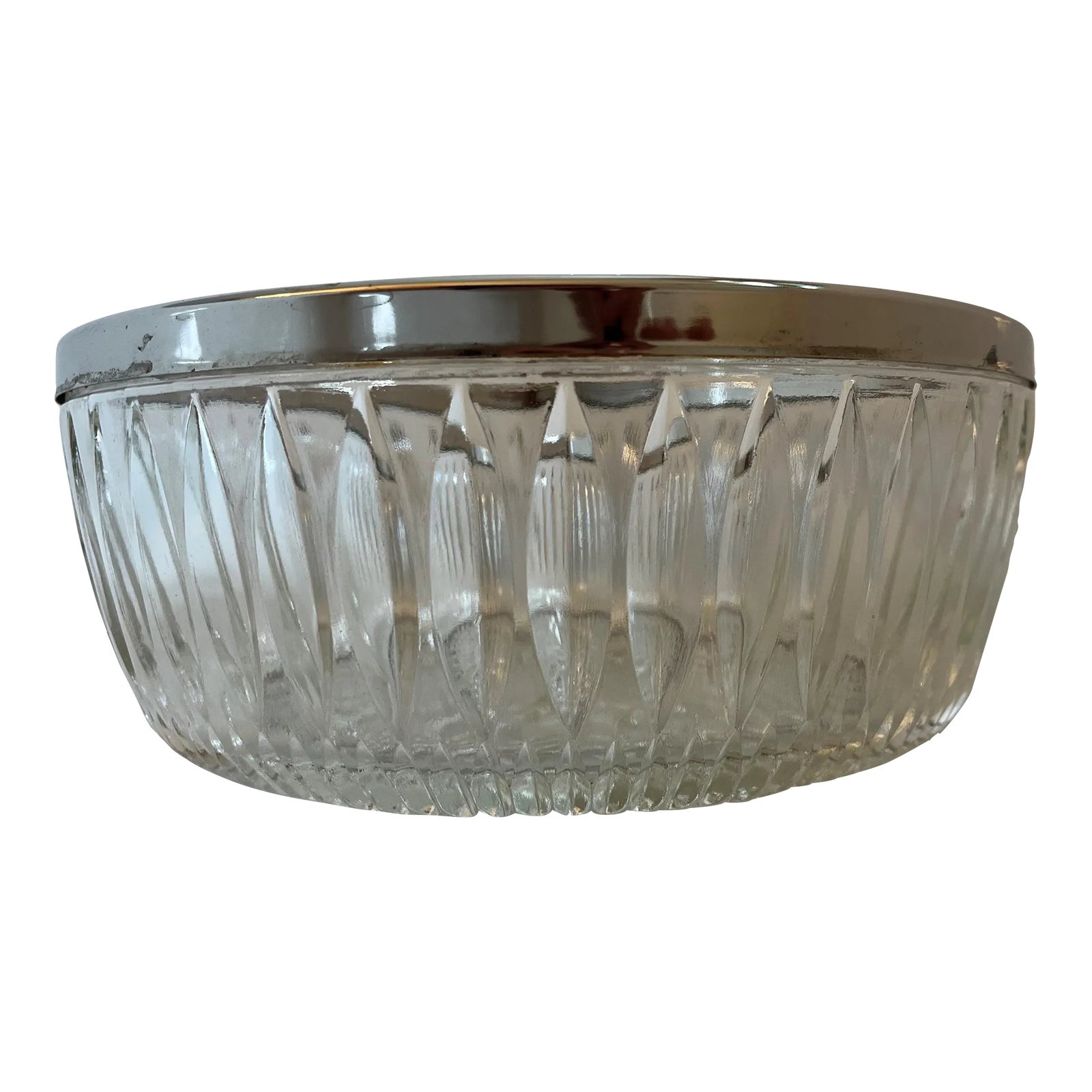 Vintage Large Diamond Cut Glass Bowl With Silver Rim | Chairish