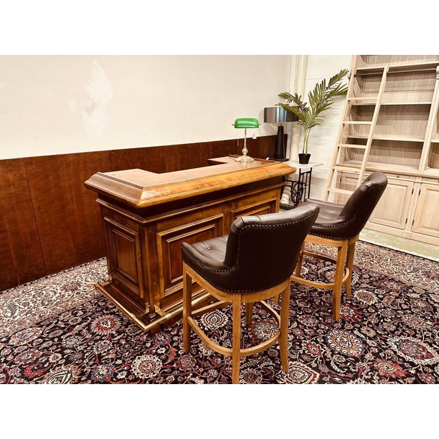 Vintage English Bar Counter with Bar Stools | Chairish