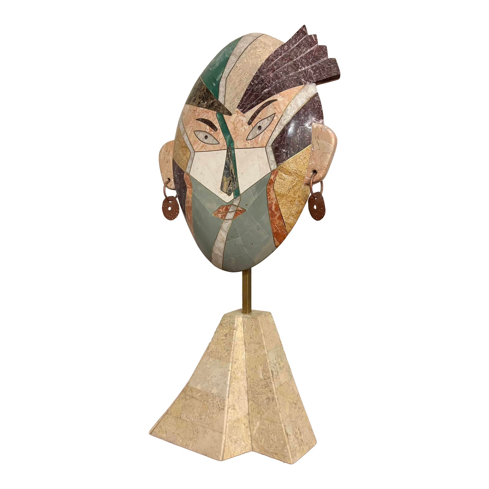 Vintage Inlaid Stone Mask Sculpture by Joseph A. De Castro | Chairish