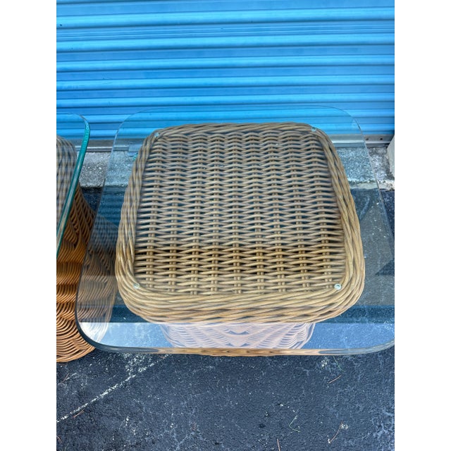 1980s Pair of Wicker Rattan Side Tables | Chairish