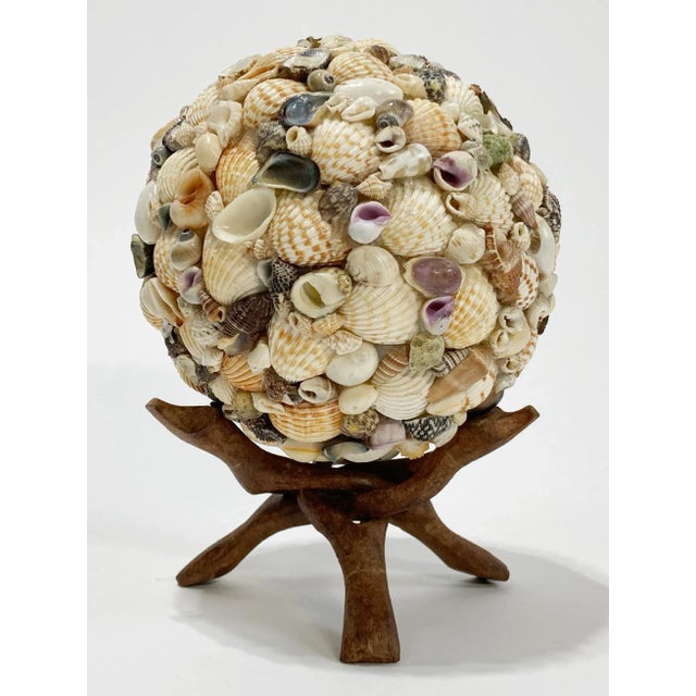 Vintage Sea Shell Encrusted Orb on Twig Wood Stand | Chairish