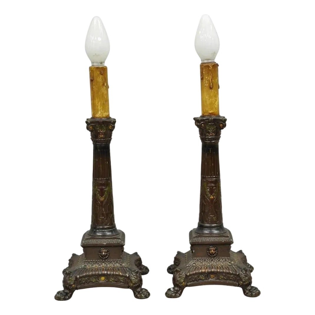 Antique French Empire Brown Painted Column Small Metal Table Lamps - A ...