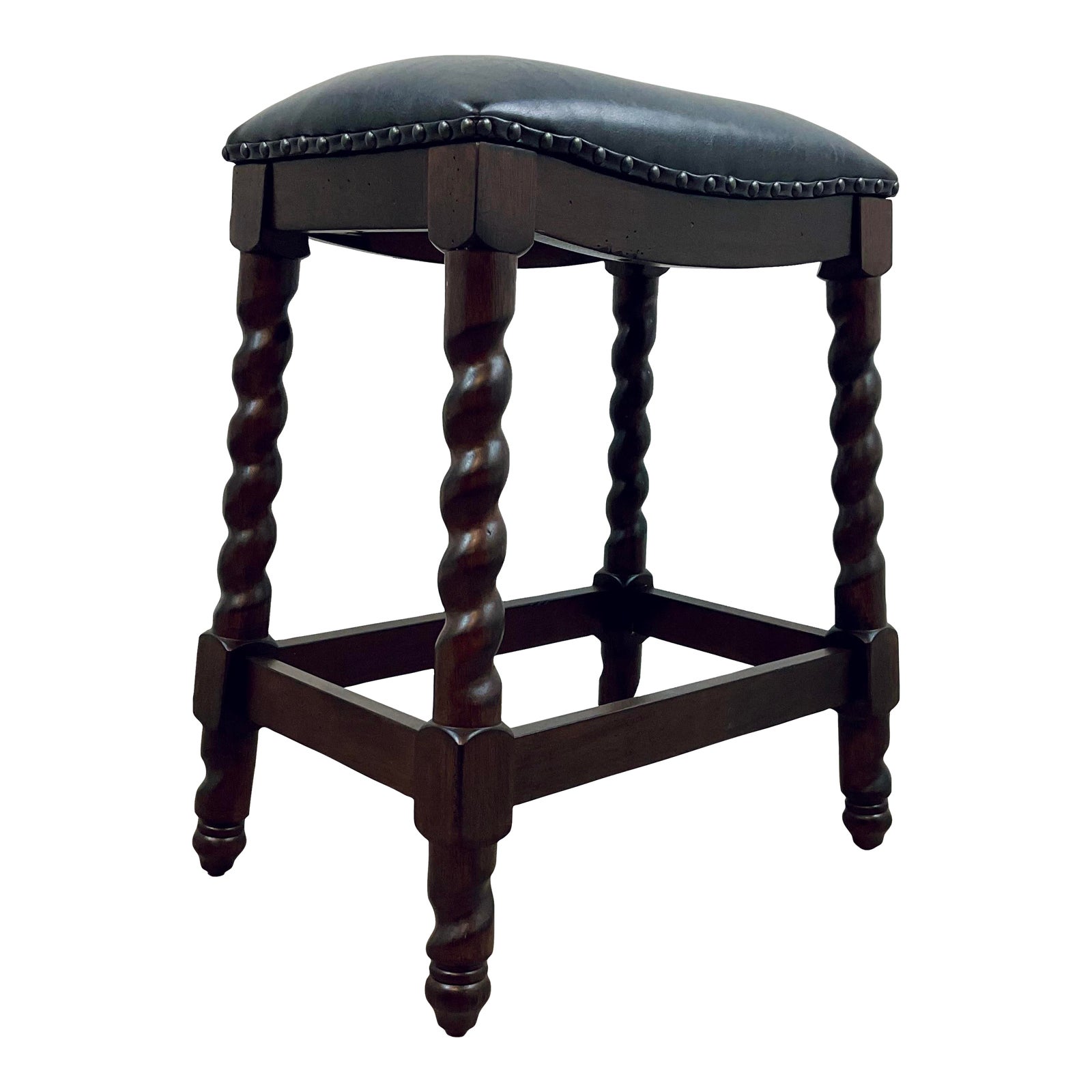 Transitional Dark Brown Faux Leather Barley Twist Counter Stool | Chairish
