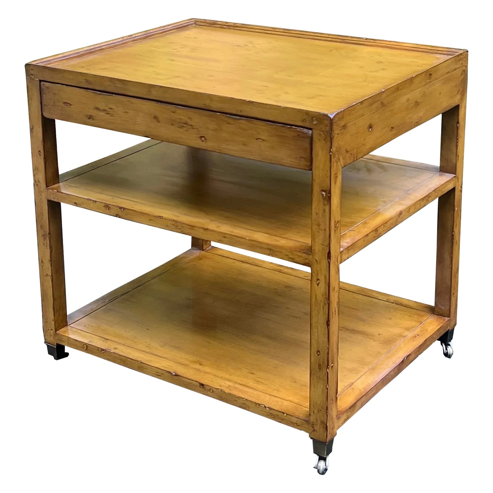 Contemporary Rustic Tiered End Table on Casters | Chairish
