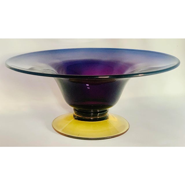 2000 Blenko Purple Amethyst Art Glass Large Yellow Footed Centerpiece ...