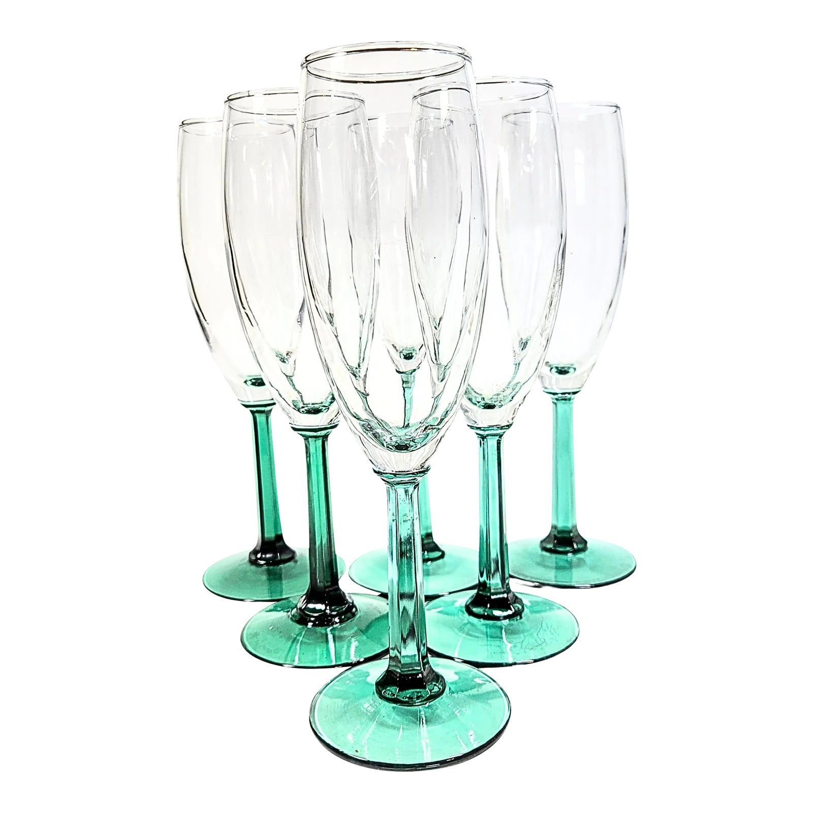 Emerald Pillar Stemmed Champagne Flutes- Set of 6 | Chairish