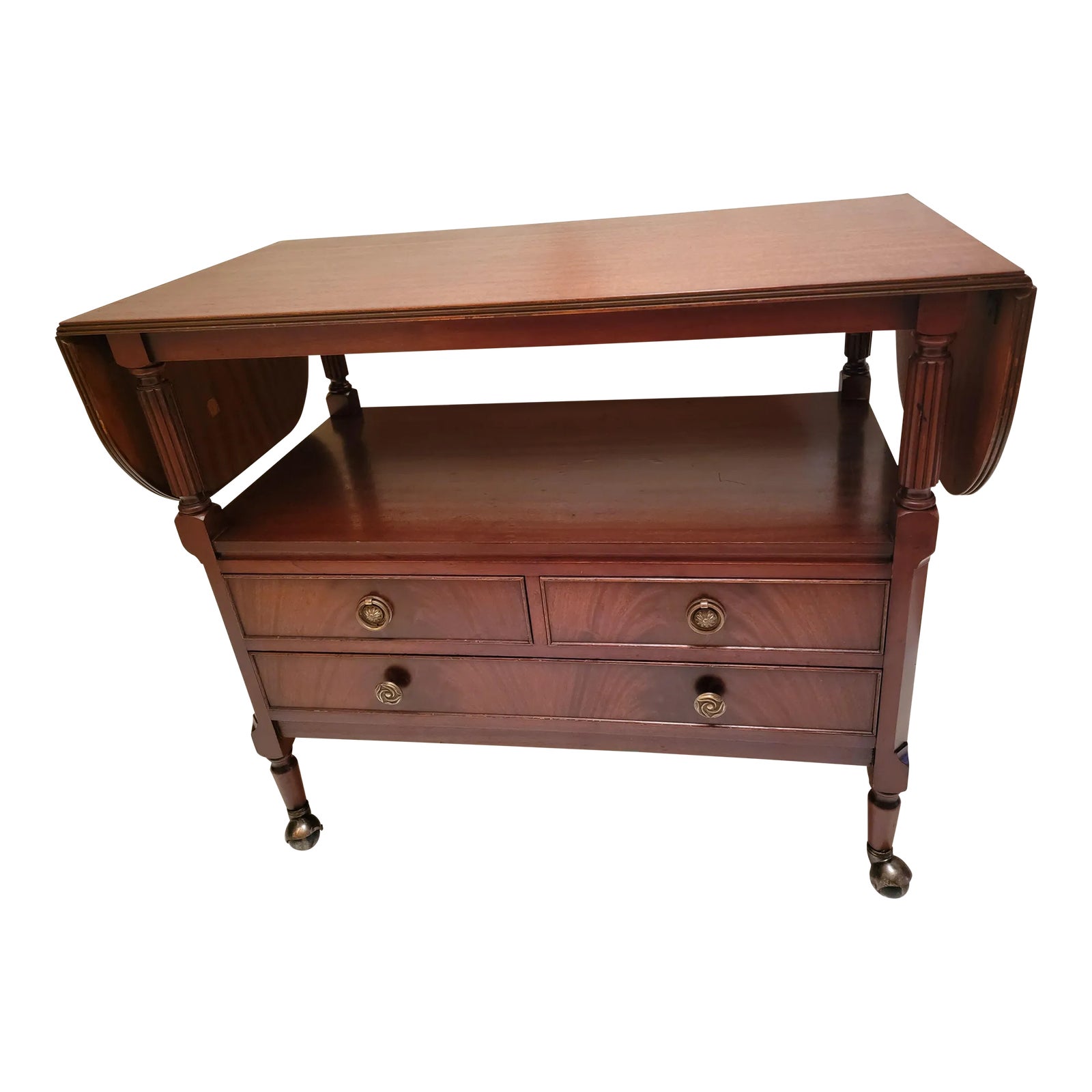 Shaw of London Mahogany Drop Leaf Rolling Buffet / Serving Cart | Chairish