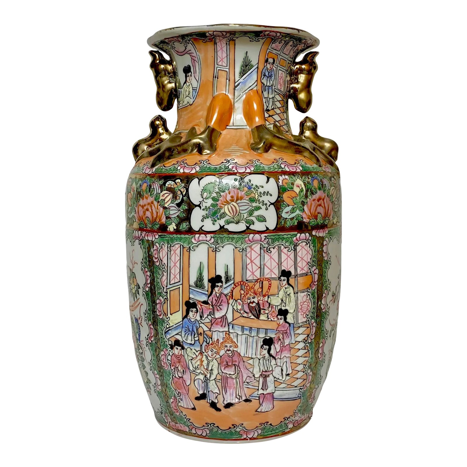 1970s Chinese Gold Foo Dog Handles Famille Rose Vase | Chairish