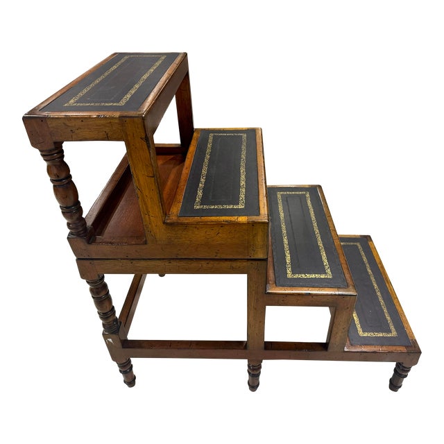 Vintage Wood and Tooled Leather Library Ladder/Accent Table | Chairish