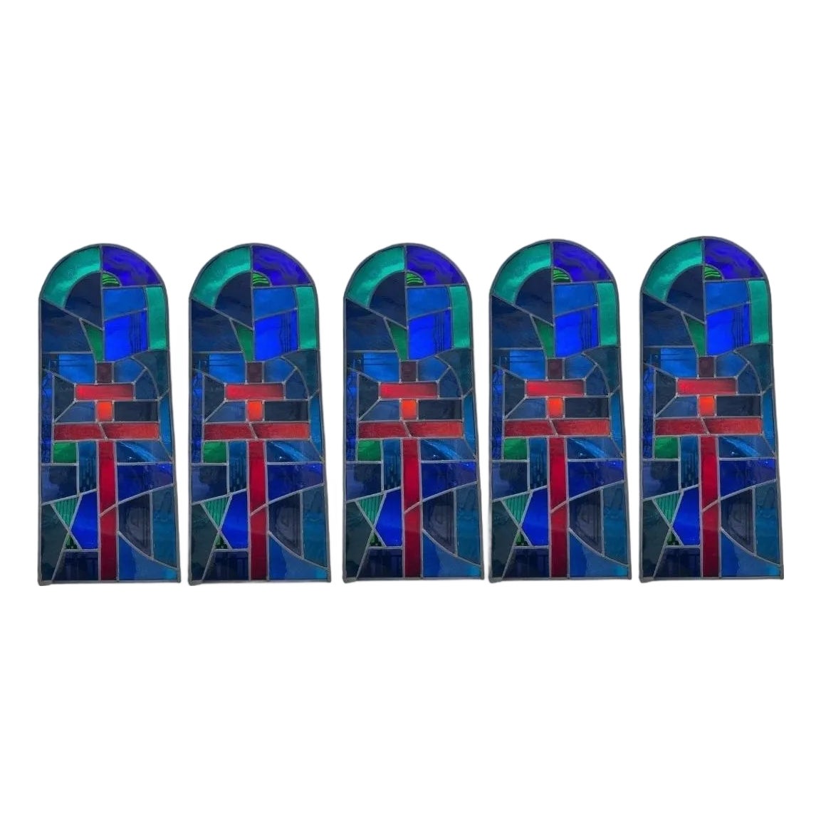 Vintage Art Deco Blue & Red Leaded Stained Glass Arched Window W/ Cross ...