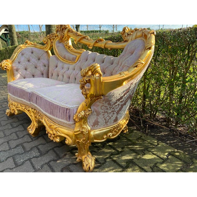 Handcrafted Late 20th Century Rococo Settee in Pink Damask With Gold ...