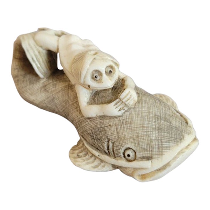 Japanese Bone Netsuke of Kappa Riding a Catfish, Meiji Period | Chairish