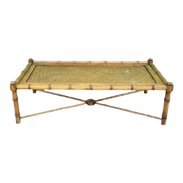 Vintage Wood Faux Bamboo Regency Rectangular Brown Weaved Top Coffee ...