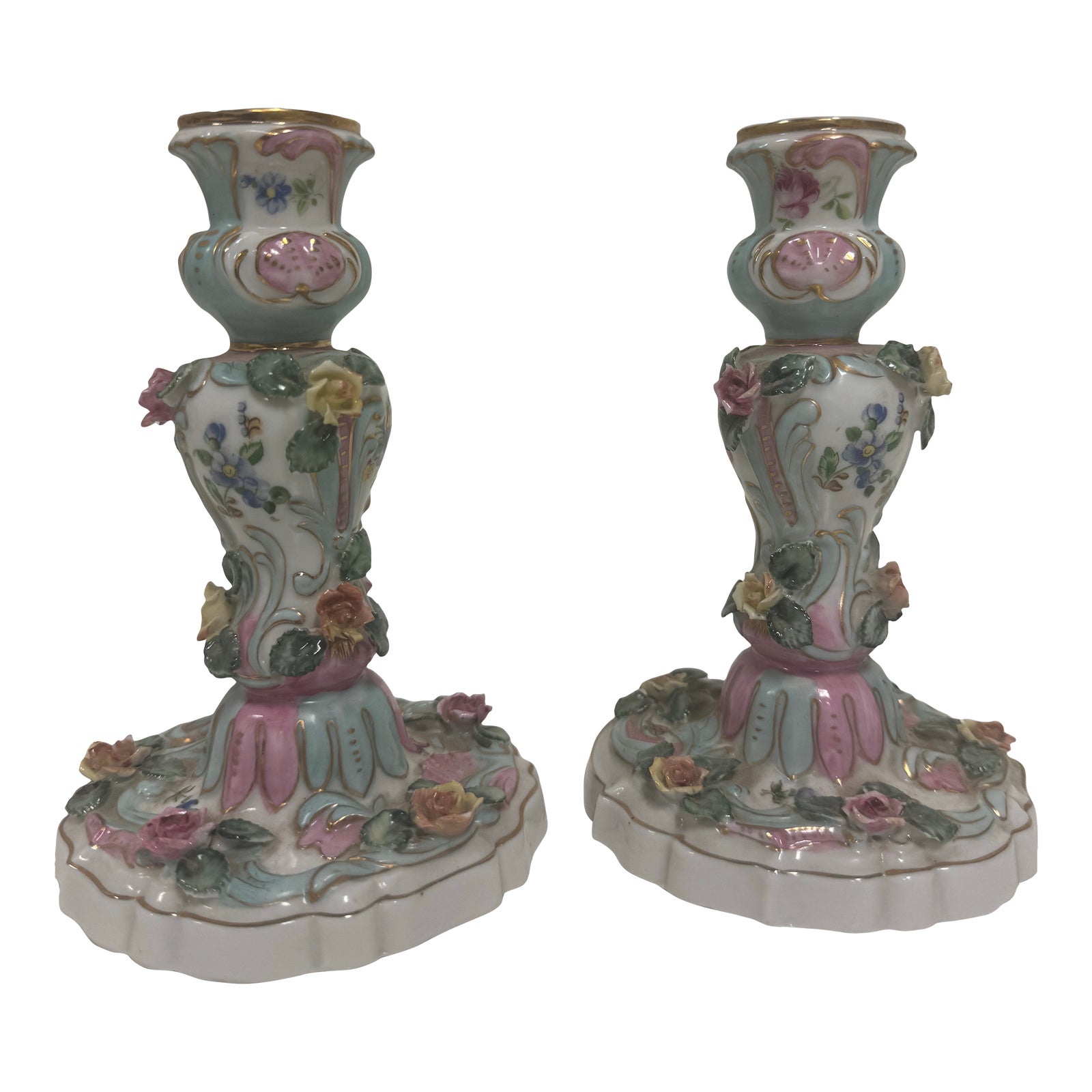 Antique Pair of Decorative Porcelain Candlesticks, Floral Dresden ...