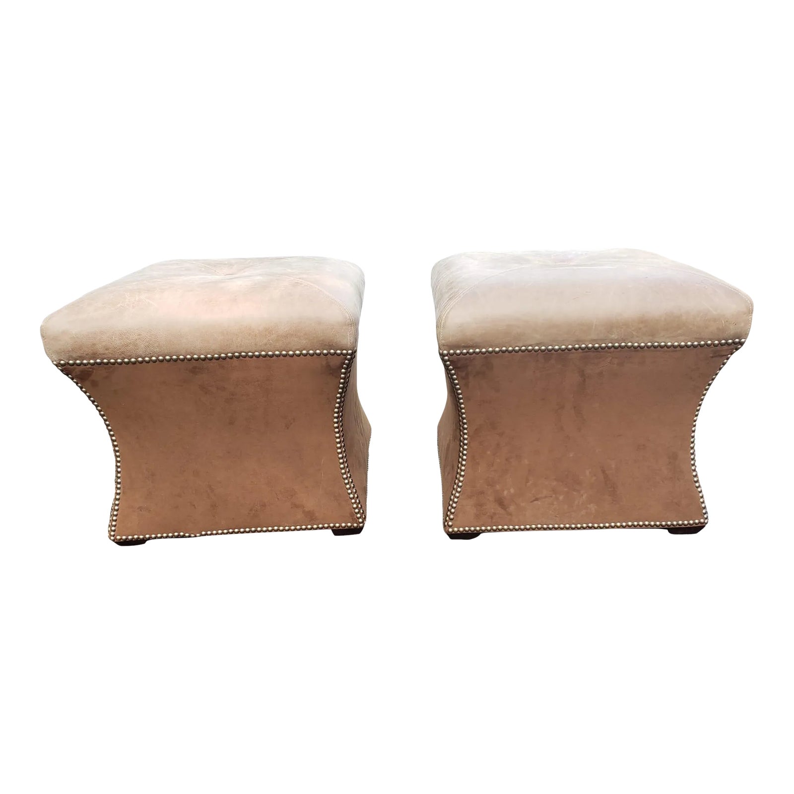 Pair of Rustic Full Grain Leather Upholstered Ottoman Stools With ...