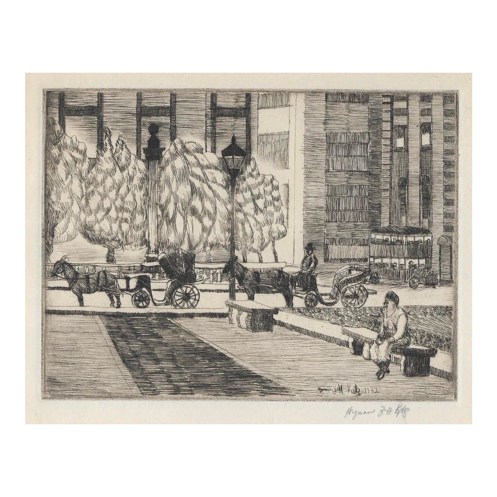 1932 Hyman Katz Park Plaza New York Etching | Chairish
