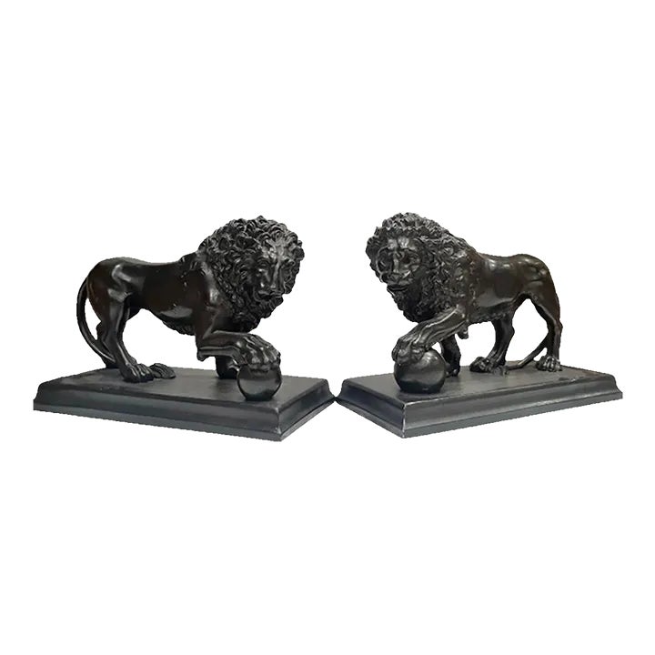 Pair of Vintage Grand Tour Style Medici Lions Ebonized Composite Figure ...
