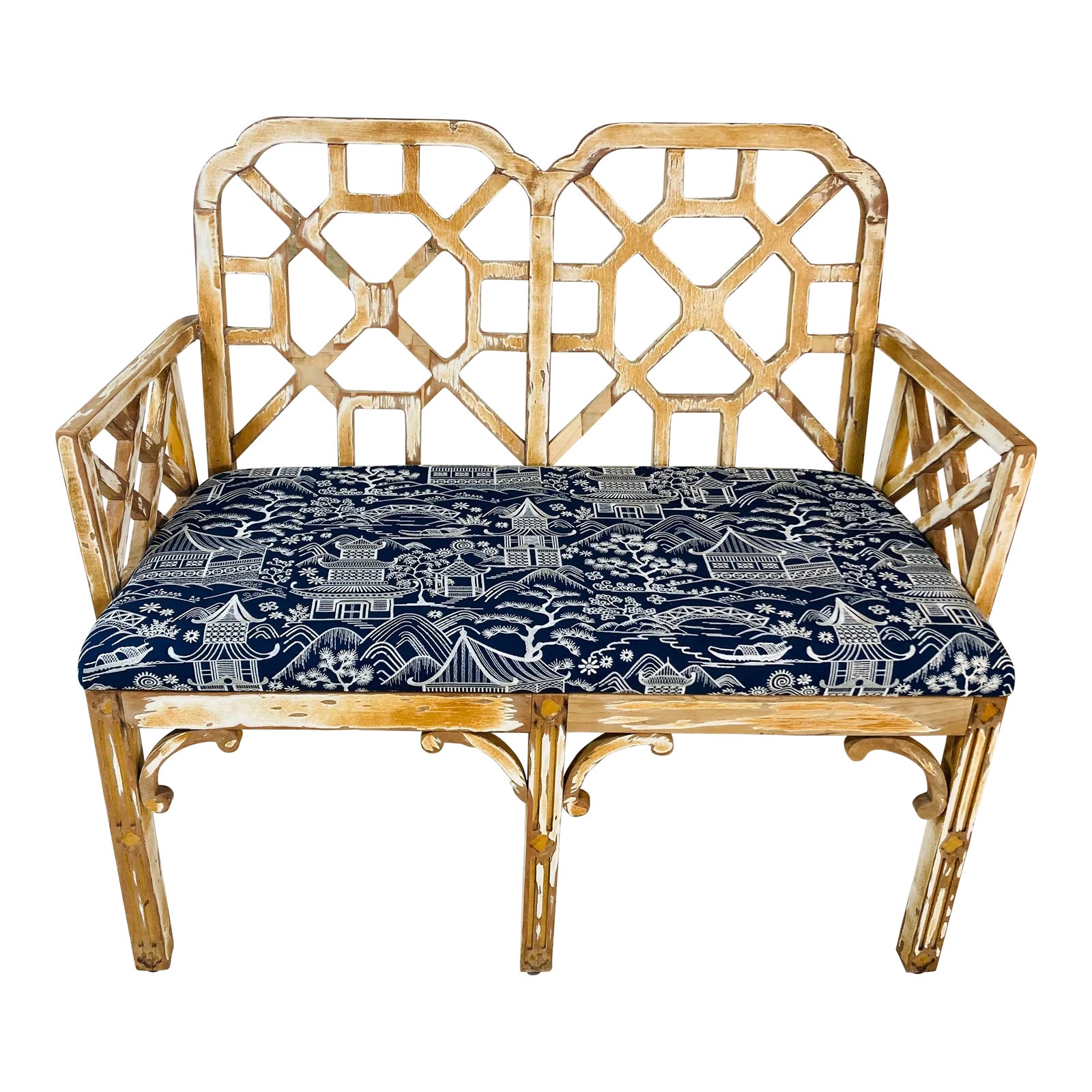 Vintage Coastal Chinoiserie Chippendale Bench | Chairish